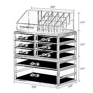 DreamGenius Makeup Organizer 3 Pieces Acrylic Cosmetic Storage Drawers Organizer for Vanity and Bathroom, Stackable Cosmetic Organizer Countertop with 8 Drawers