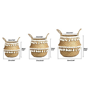 BlueMake Tassel Macrame Woven Seagrass Belly Basket for Storage, Decoration, Laundry, Picnic, Plant Basin Cover, Groceries and Toy Storage (Large, Tassel)