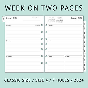 2024 Weekly & Monthly Planner Refill, 5-1/2" x 8-1/4", Runs from January 2024 to December 2024, Ruled Daily Boxes, Classic/Desk Size 4, 7-Hole Punched