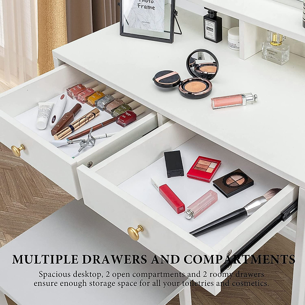 LAVIEVERT Vanity Set with Detachable Mirror, Makeup Vanity Dressing Table for Bedroom, Dresser Desk Writing Desk with Stool, 2 Drawers & Storage Shelves for Women Girls - White