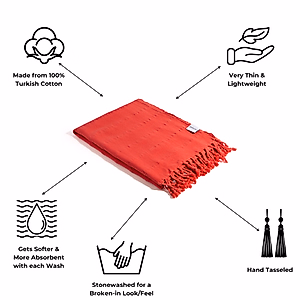 InfuseZen Stonewashed Turkish Bath & Beach Towel –100% Organic Turkish Cotton - Soft, Lightweight, Absorbent - Quick Dry, Sand Free - Swim, Pool, Shower, Travel - Peshtemal, Hammam Spa Towel - Coral