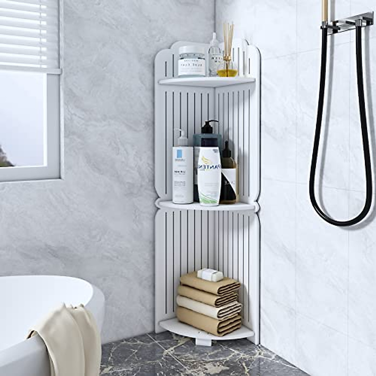 3 Tier Corner Shelves, Plastic Small Bathroom Corner Organizer Open Shelf with Vertical Striped As Bookcase Decor Display Rack Shelf for Bedroom Living Room Kitchen Office