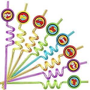 24 Superhero Word Drinking Plastic Straws 6 Designs Great for Birthday as Superhero Party Favors and Party Supplies with 2 Cleaning Brush