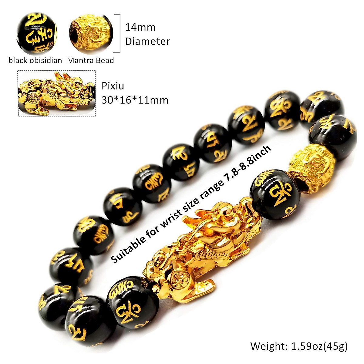 Feng Shui 14mm Black Hand Carved Mantra Beads Bracelet with 1 Golden Pi Xiu/Pi Yao and 1 Golden Mantra Bead Attract Lucky Wealthy