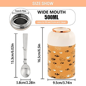 CUPADA Animal Paws Summer Food Jar for Hot and Cold, Footprint Yellow Insulated Food Jars Vacuum 17OZ with Folding Spoon for Work Trip Picnic Camping