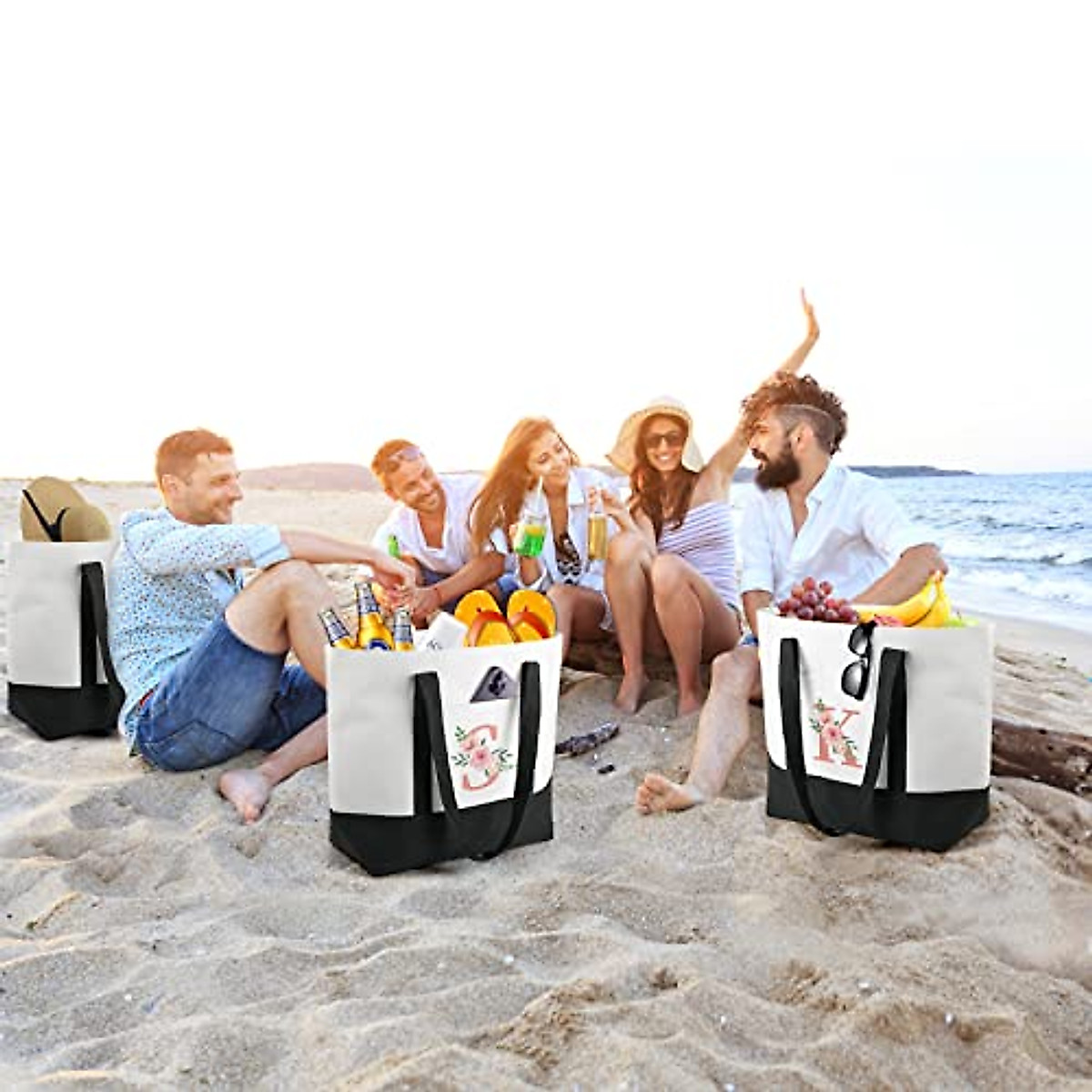 Floral Ini-tial Large Tote Bag for Women, Can-vas Beach Bag w Makeup Bag, Personalized Friend 50th Birthday Bridesmaid Bridal Shower Mothers Day Gifts w Inner Pocket, Top Zi-pper, Gift Box, Card J