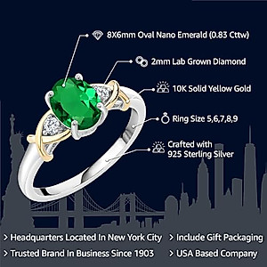 Gem Stone King 10K Yellow Gold and 925 Sterling Silver Green Nano Emerald and Lab Grown Diamond Engagement Ring For Women | 0.83 Cttw | Oval 8X6MM | Size 5-9