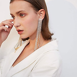 FXmimior Fashion Women Long Rhinestones Tassel Earrings Gold Bohemian Long Chain Drop Dangle Earrings Jewelry for Women