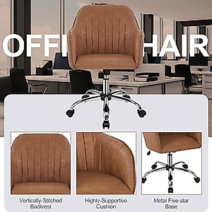 Yaheetech Modern Faux Leather Desk Chair Height Adjustable Task Chair Swivel Office Chair Makeup Chair Computer Chair Mid Back Chair Living Room Chairs with Arms Retro Brown