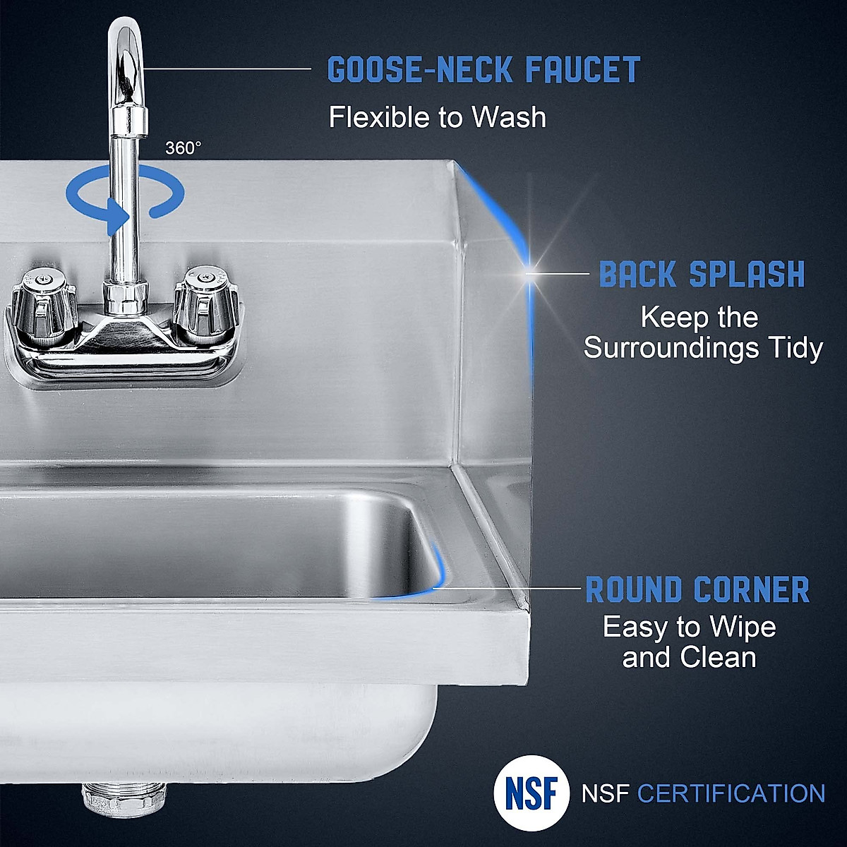 Profeeshaw Stainless Steel Sink Commercial Wall Mount Hand Washing Basin NSF Certified, with Gooseneck Faucet and Side Splash Guard, for Restaurants, Stores, Bars and Home, 17" x 15" …