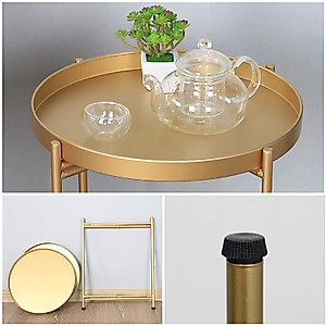 FUNME Gold Folding End Table 2-Tier Metal Round Side Table with Removable Tray for Living Room,(15.2''Dx20''H)