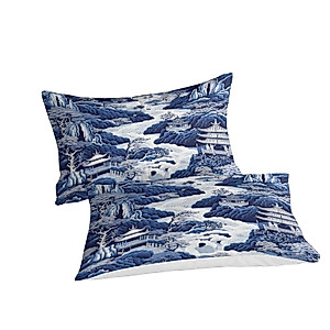 HOUKIG Chinoiserie Blue Bedding Set 3D Printed Comforter Covers Duvet Cover Quilt Cover with Pillowcases 3 Pieces Microfiber for Childrens and Adults with Zipper Closure Queen（228x228cm）