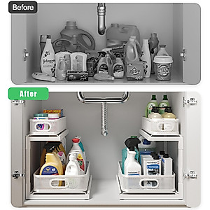 2-Pack Under Sink Storage Organizer with 2-Tier Slide Out Drawer, Sophisticated Mesh Pull Out Shelf for Kitchen & Bathroom, Fits Small Items, Upgraded Arched Track for Smooth Gliding,Patent Pending