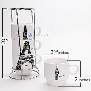 White Porcelain Coffee Tea Cups Set 4 Cups w/Metal Rack in Box 4.0 fl.oz. each Stackable Desing Eiffel Tower