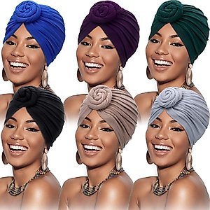 SATINIOR 6 Pieces Women African Turban Flower Knot Pre-Tied Bonnet Beanie Cap Headwrap (Black, Royal-blue, Gray, Camel, Purple, Green)