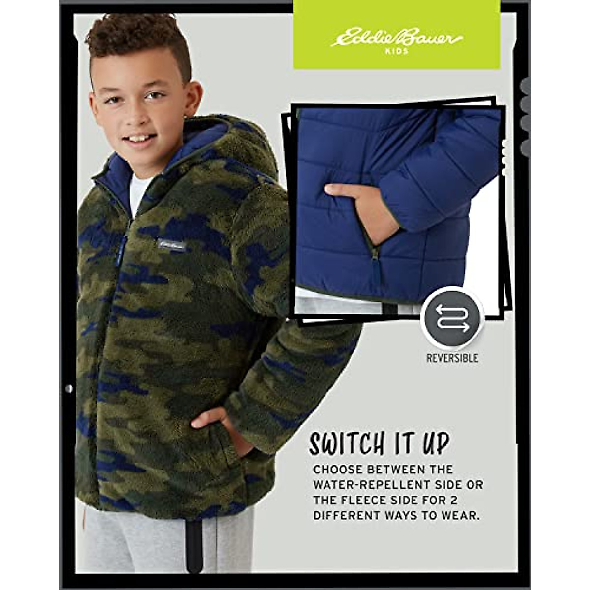 Eddie Bauer Boys' Reversible Jacket - Deer Harbor Waterproof Lightweight Puffer Coat with Faux Shearling Lining (5-20), Size 18-20, Navy
