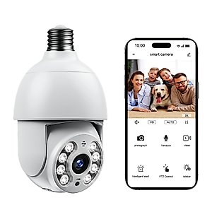 4MP Light Bulb Security Camera, 360° 2K Security Cameras Wireless 2.4GHz Outdoor/Indoor with Color Night Vision, Motion Detection, Audible Alarm, Auto Motion Tracking, SD&Cloud Storage with Alexa