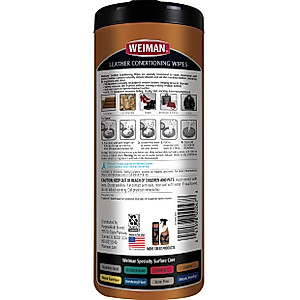 Weiman Leather Cleaner & Conditioner Wipes With UV Protection, Prevent Cracking Or Fading Of Leather Couches, Car Seats, Shoes, Purses - 30 ct