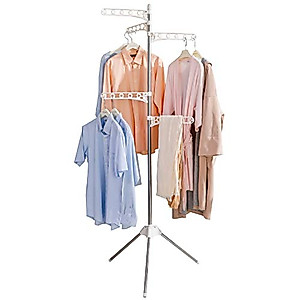 BAOYOUNI Foldable Clothes Drying Rack Collapsible Tripod Coat Hanger Corner Garment Storage Shelf Stand Portable Laundry Organizer Indoor Outdoor with 5 Adjustable Arms - Ivory