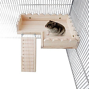 ROZKITCH Hamster Platform with Climbing Ladder, Bird Perch Cage Toy Wooden Play Gym Stand, Natural Pine Wood Tray for Chinchilla Squirrel Rabbit Guinea Pig, Birdcage Toy for Parrot Conure Parakeet