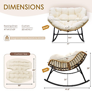 NICESOUL® Indoor Outdoor Rocking Chair with Cushion, Oversized Patio Papasan Rocking Chair, Water Resistant Egg Royal Rocking Chair 450Lbs Sturdy Comfy Recliner Large Lounging Chair (Beige, 1 PC)