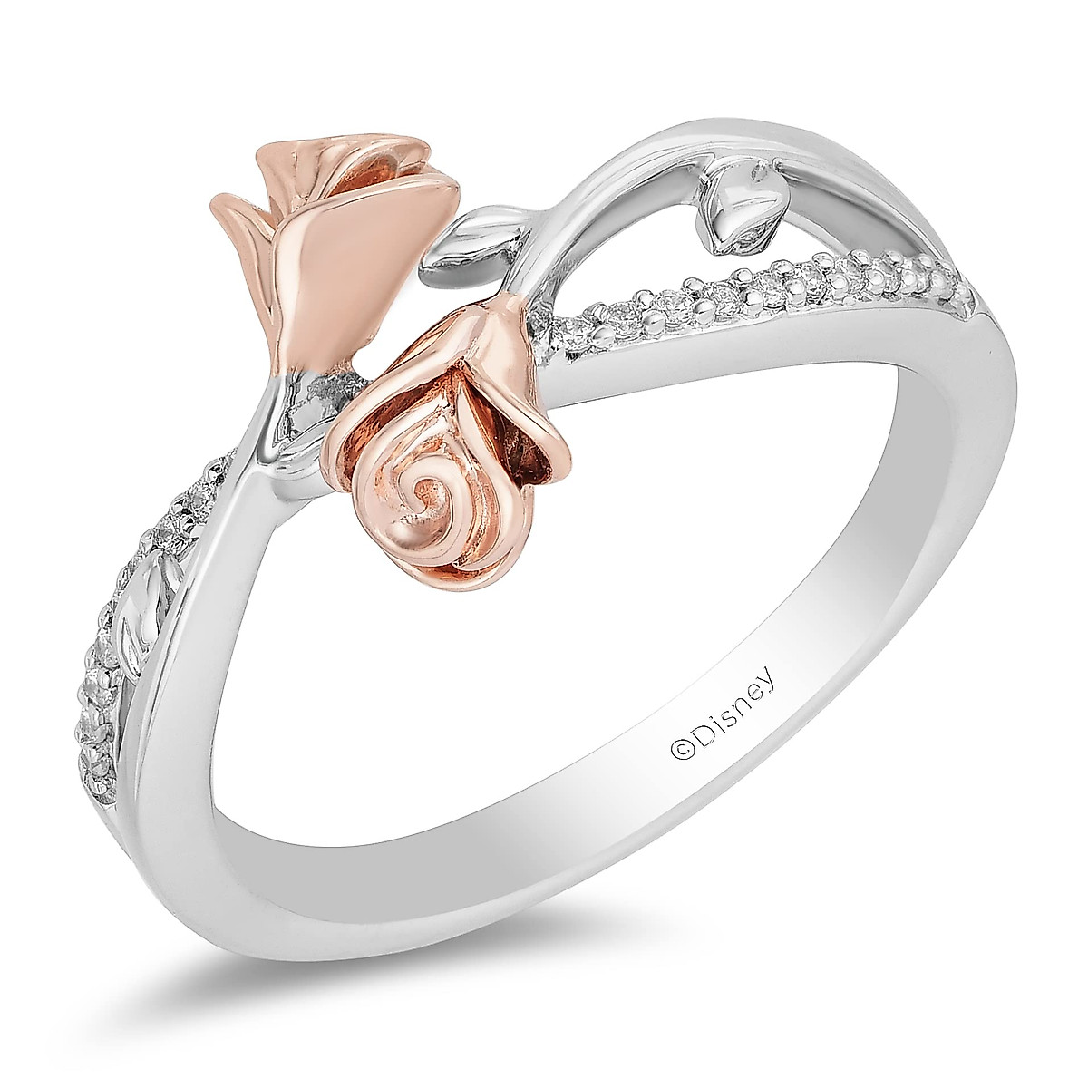 Jewelili Enchanted Disney Fine Jewelry 14K Rose Gold over Sterling Silver 1/10 Cttw Diamond Belle Rose Fashion Ring Size 8
