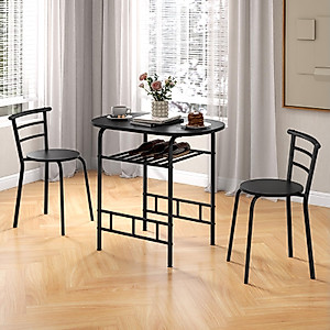 Giantex 3 Piece Dining Set Compact 2 Chairs and Table Set with Metal Frame and Shelf Storage Bistro Pub Breakfast Space Saving for Apartment and Kitchen (Black)
