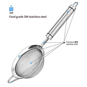 AOWOTO 3.35inch 304 Stainless Steel Fine Mesh Strainers for Kitchen, Colander-Skimmer with Handle, Metal Sieve Sifters for Food, Rice, Oil, Noodles, Fruits, Vegetable, Tea Strainer