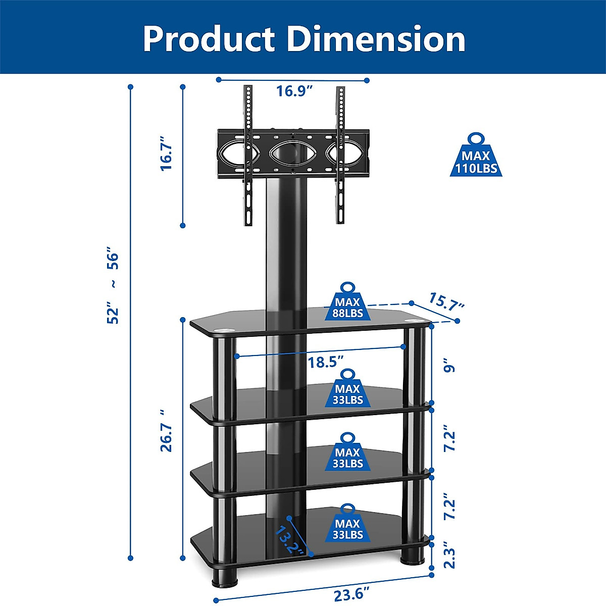 Rfiver Swivel TV Stand with Mount for 32"-70" Flat Screen, Slim Corner Entertainment Floor TV Mount with 4-Tier Tempered Glass Media Shelves, Height Adjustable and Cable Management