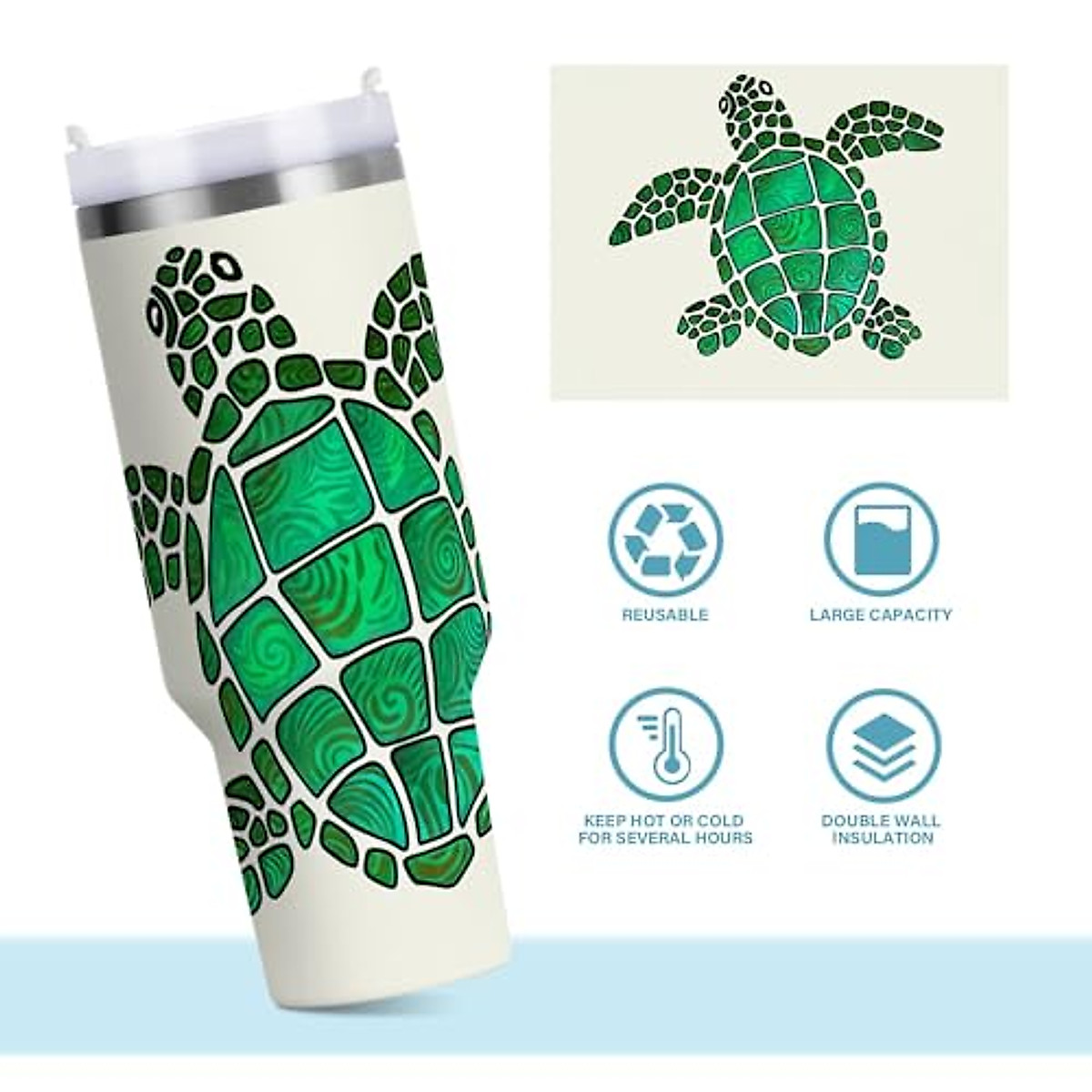 ODAWA 40 Oz Green Sea Turtle Insulated Tumbler Cup with Lid and Straw, 2 in 1 Lid Insulated Vacuum Tumbler