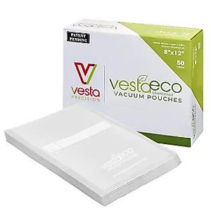 VestaEco Chamber Machine Vacuum Pouches - Certified Commercially Compostable - Flat and Clear Vacuum Sealer Bags - Great for Food Storage and Sous Vide - 8 x 12 inches - 50 Vacuum Seal Bags Per Box