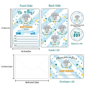 Avamie 20 Pack It's A Boy Blue Elephant Baby Shower Invitations with Envelopes and Stickers, Baby Shower Invitations For Boys