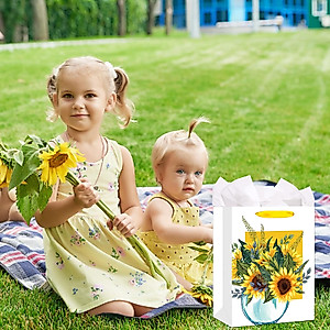 FaCraft Sunflower Gift Bag 13" Watercolor Flower and Vase Gift Bag Large Gift Bag with Tissue Paper for Birthdays, Mothers Day,Anniversary,Baby Shower,Bridal Shower Sunflower Party Supplies