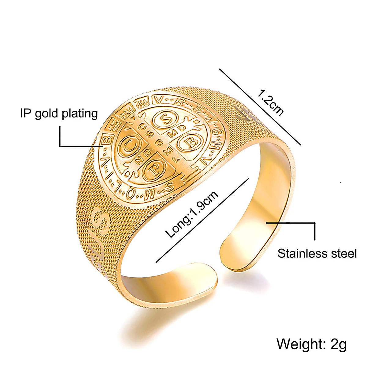 JAJAFOOK Stainless Steel Jesus St. Benedict St. Signet Ring St. Signet Ring Opening Adjustable Ring Religious Jewelry-Gold