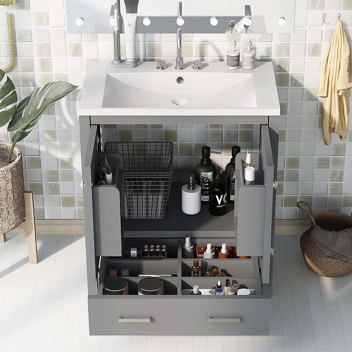 Aiuyesuo Multifunctional Storage 30" Grey Bathroom Vanity with Single Sink, Combo Cabinet Undermount Sink, Solid Wood Bathroom Cabinet Frame with 2 Doors and A Drawer, Soft Closing