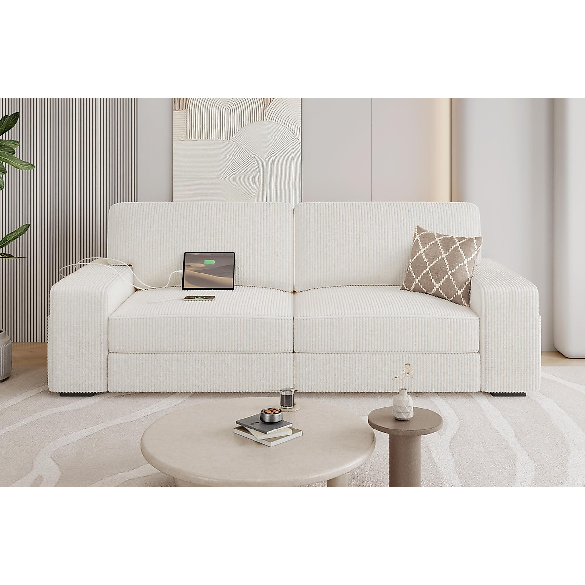 Yaheetech 83.5" W Modern Sofa Couch 2 Seater Corduroy Fabric Sofa with USB Charging Ports & Side Storage Pockets for Living Room Apartment, Ivory