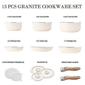 Nonstick Cookware Set - 13 PCS Stackable Pots and Pans Set Detachable Handle Camping Cookware, Granite Kitchen Cookware Sets Removable Handle, Non Toxic Nonstick Frying Pans for Cooking Set Gift Beige