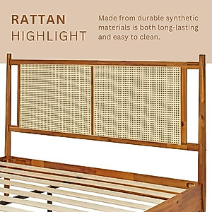 Bme Oliver Headboard Queen Size Bed Frame - 15-Inch Signature Design with Rattan Headboard, Bohemian and Mid Century Style, 12-Slat Wood Support, No Box Spring Needed - Easy Assembly, Caramel