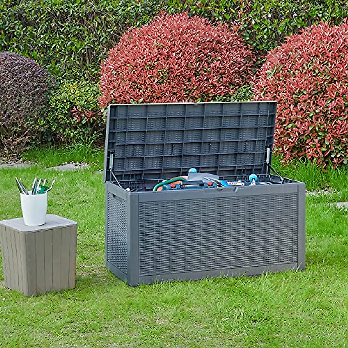 YITAHOME 100 Gallon Large Resin Deck Box Outdoor Storage with Cushion for Patio Furniture, Outdoor Cushions, Garden Tools and Pool Supplies-Waterproof,Lockable (Dark Grey)
