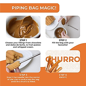KneadEat Churro Maker Machine Churrera and Piping Bag Churros Filler. Easy QR-Recipe to Prepare and Fill Your Own Churros at Home.