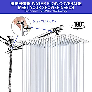 Shower Head, High Pressure Hydrojet Rainfall Shower Head / 6 Spray Settings Handheld Showerhead Combo with 11 inch Extension Arm, Anti-leak Shower Head with Holder, 1.5M Hose, Chrome