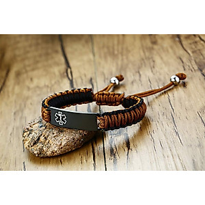 VNOX 3 Color/Set-Customize Medical Alert ID Bracelet Braided Brown Rope Paracord Adjustable Wristband