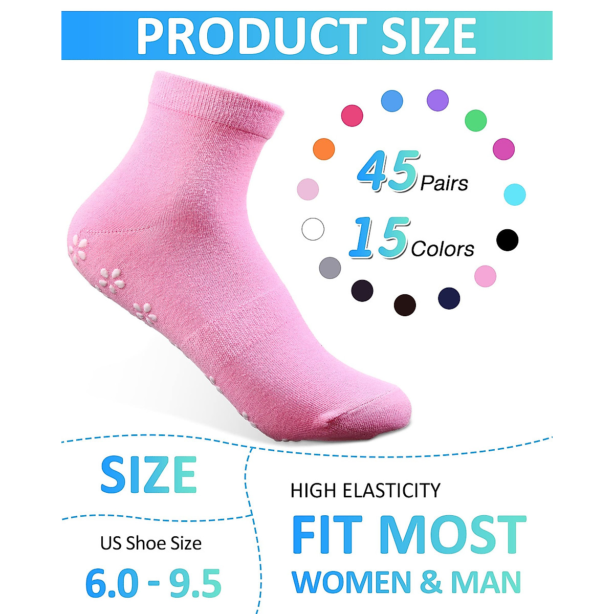 Vicenpal 45 Pairs Non Slip Socks Non Skid Socks Yoga Socks Women Men Slipper Socks with Grippers Foot Pattern Skid Proof Socks for Hospital Barre Pilates, 15 Colors …