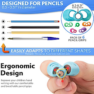 Stylo Pack of 6 Pencil Grips for Kids Handwriting, Perfect Pencil Holders for Kids Home Schooling and Preschool - Writing Tools for Kids, Assorted Pen Grips, Christmas Gifts