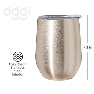Oggi Cheers 'Celebrate Collection' Stainless Steel Insulated Wine Tumbler - Gold Sparkle, 12oz, with clear slider lid.