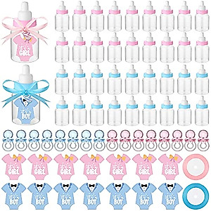 48 Set Gender Reveal Baby Shower Favors Baby Mini Milk Bottles Plastic Baby Milk Bottle 48 Pcs Mini Pacifiers Tiny Plastic Pacifiers 64 Pcs Gender Reveal Stickers Baby Shower Sticker and 2 Roll Ribbon