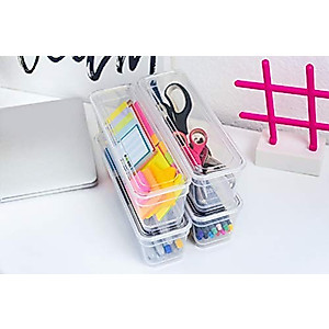 AB Designs Bin Pack, [6] Long Home Organizer Storage Boxes with Lids, Translucent Clear