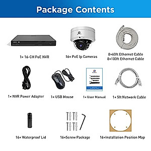 GWSECU 16 Camera Security Systems PoE, 4K 16CH H.265 NVR with 4TB HDD, AI Human Vehicle Detection, 16x 4K Wired Commercial IP66 IK10 Vandal Dome Microphone IP Cameras 2.8mm Lens, G81616VD54