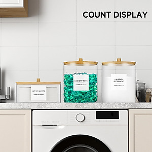 TIPGO Glass Jars and Acrylic Dryer Sheet Holder, Laundry Pods Container with Bamboo Lid and 27 Labels, Powder Detergent Containers for Laundry Room Organization, Storage Jars Set (3 Pack)