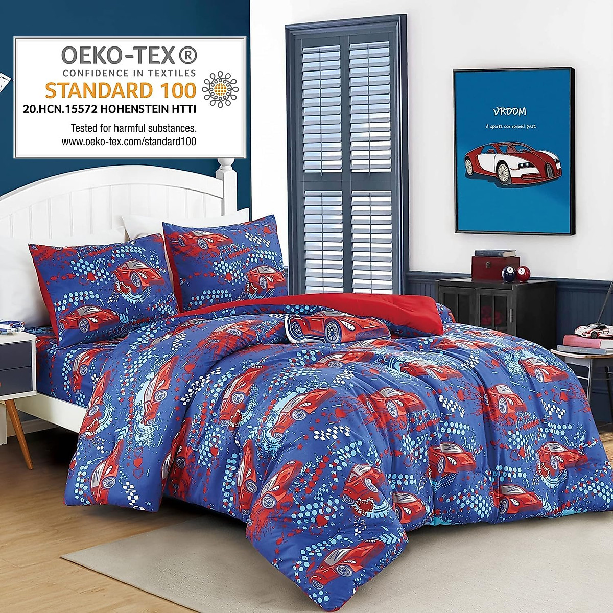 Red Race Cars print Comforter Set for Boys Girls teen, Twin size bedding for race car fan, include comforter fitted sheet, pillow sham and plush car shape pillow (Race Car Red, Twin)
